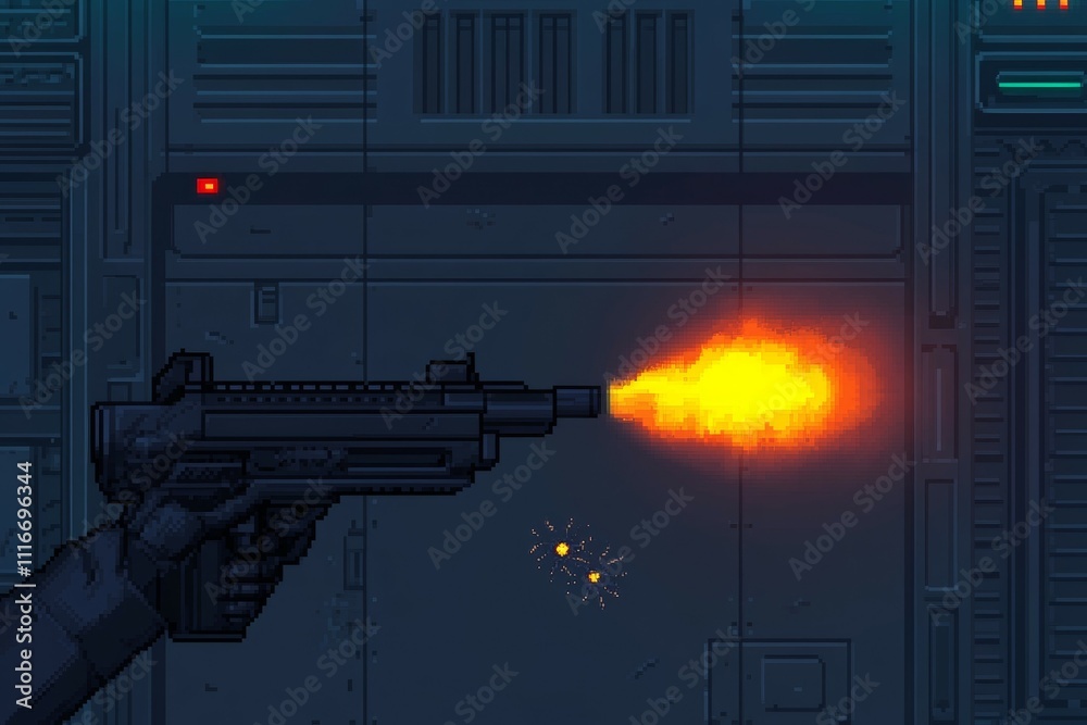 Retro pixel art: hand firing pistol with muzzle flash in dark sci-fi ...