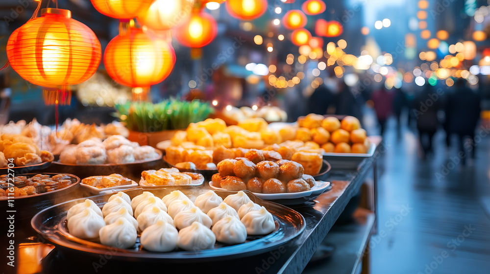 Lunar New Year festival food market, vibrant street stalls with steamed ...