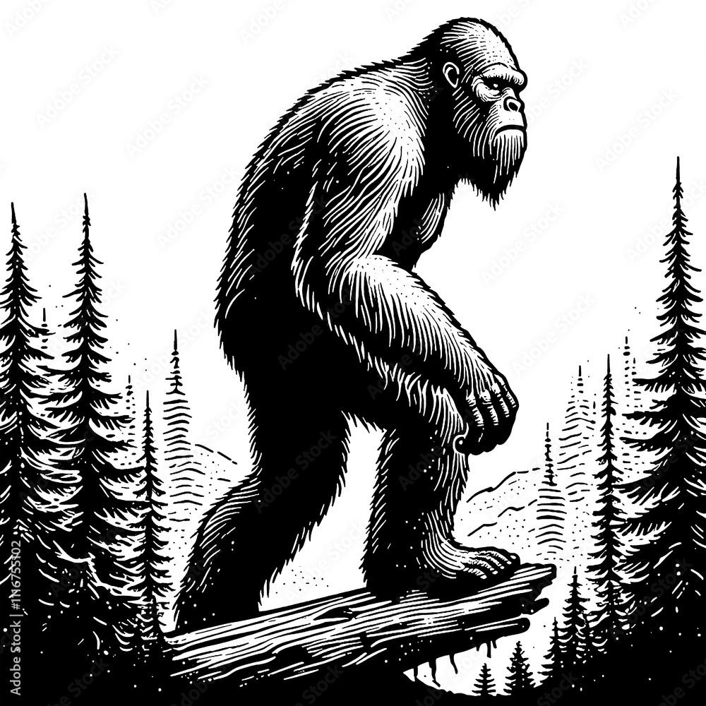 Yeti, Bigfoot in natural environment isolated png line art, black white ...