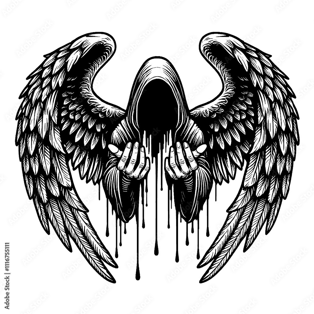 Angel of Death isolated png line art, black white cutout graphic ...