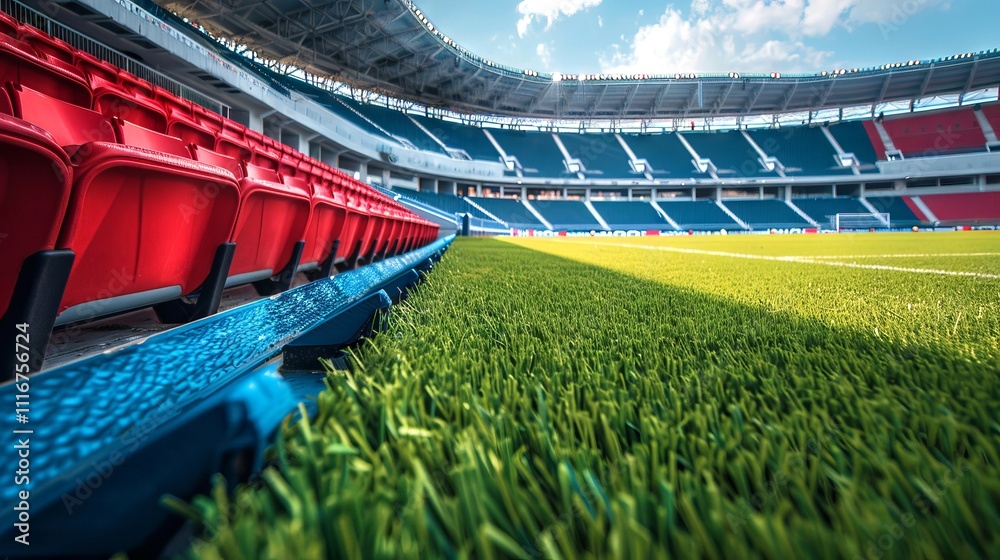 Empty Sports Stadium Featuring Red and Blue Seats and Green Field Turf ...