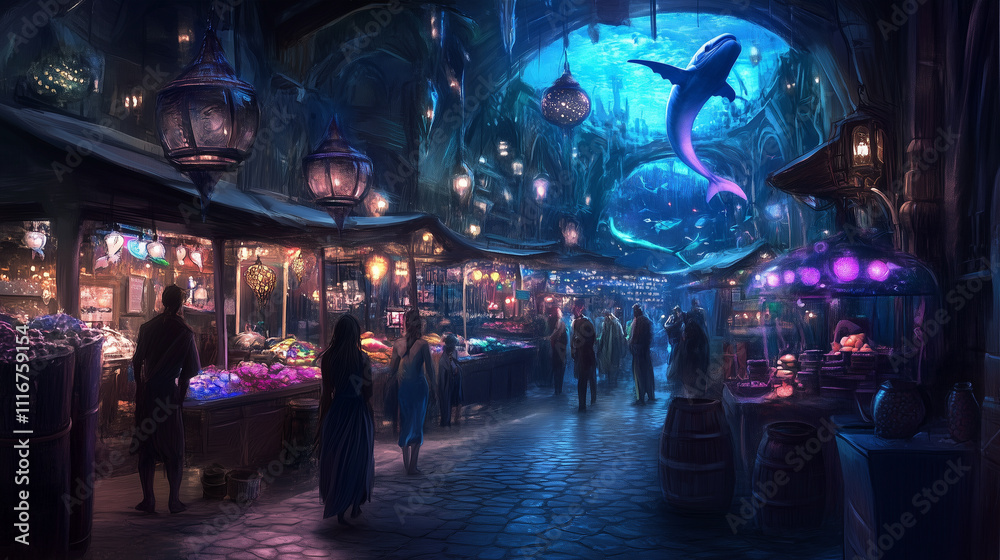 An Atlantean marketplace bustling with merfolk and sea creatures ...