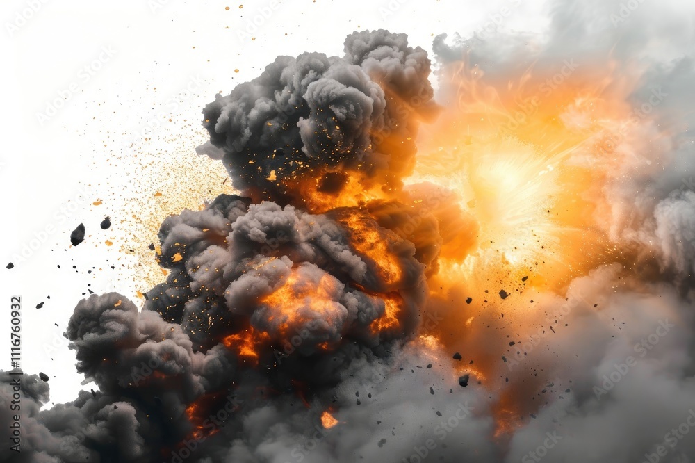 Large fireball with black smoke. fiery explosion with smoke isolated on ...