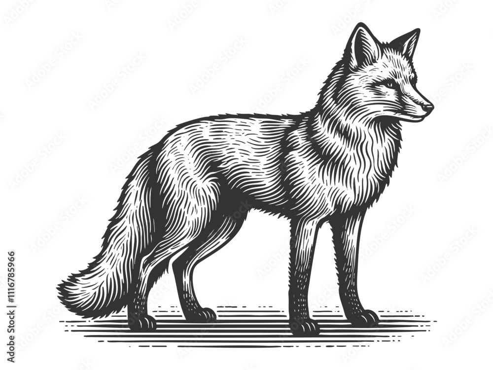 standing fox, natural grace and cunning in a classic engraving style ...