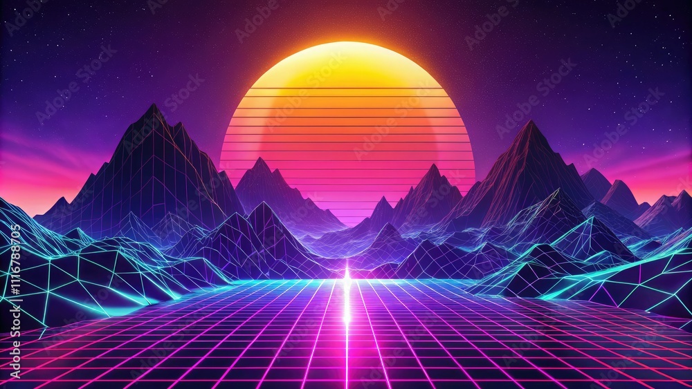 Vibrant synthwave mountains meet a neon sea under a stunning sunset ...