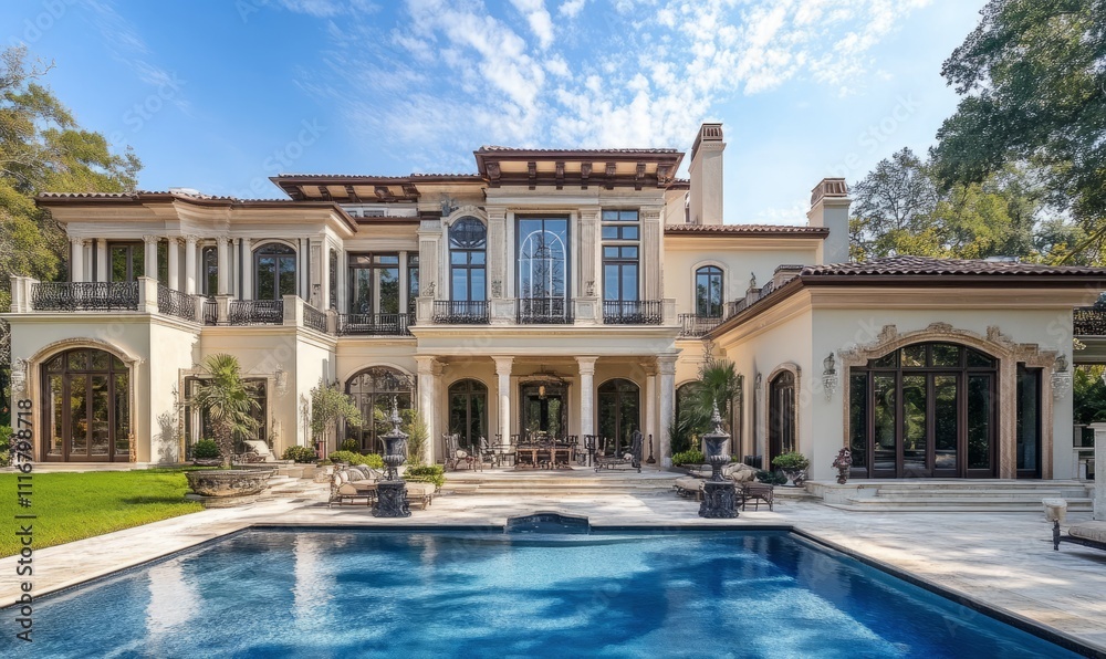 Exterior of a mega mansion, with full height glass windows without ...