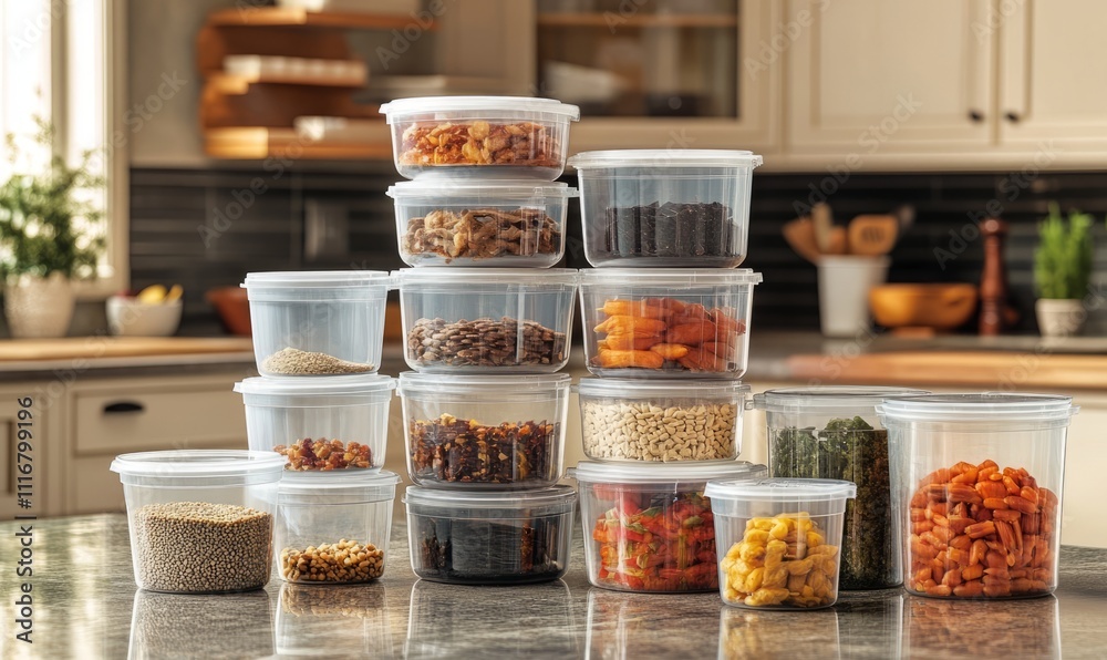 Food storage containers are labeled and arranged in a cozy kitchen to ...