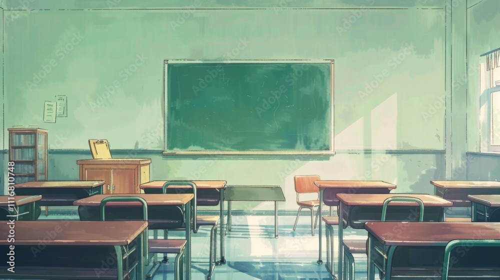Empty school classroom and green chalkboard with empty space. Cartoon ...