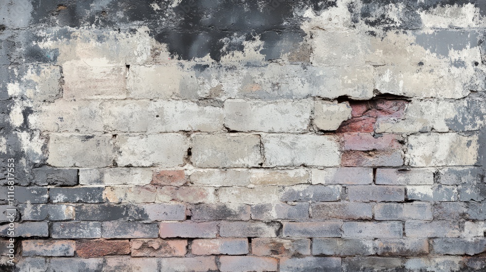 Painted brick wall with faded colors and worn surface, realistic ...