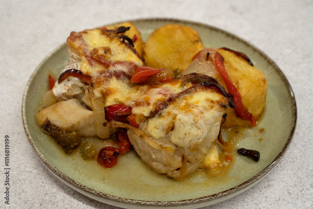 Gourmet fish menu. Closeup view of hake filets with potatoes and red ...