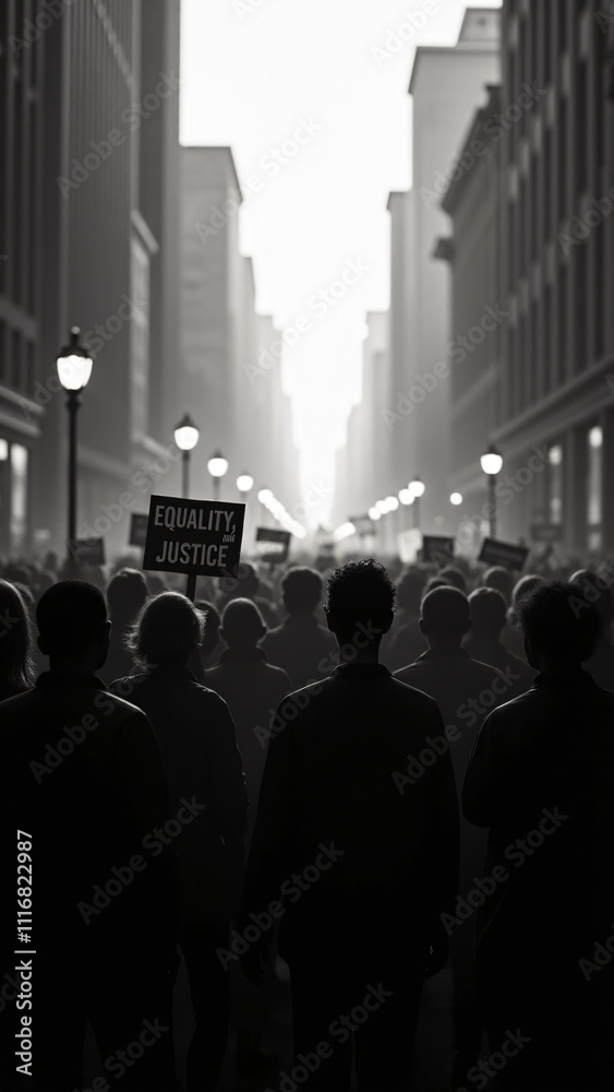 “Silhouette of a large crowd marching together, holding signs for ...