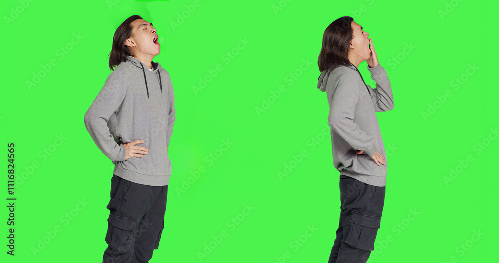 Person feeling exhausted and yawning after not sleeping enough, posing ...