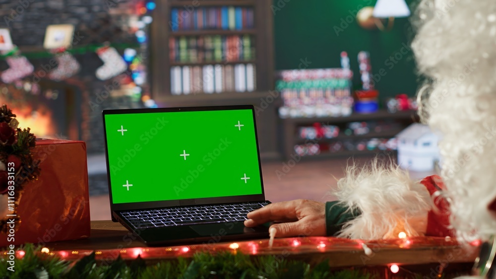 Saint Nicholas checking his naughty or nice list of kids next to chroma ...