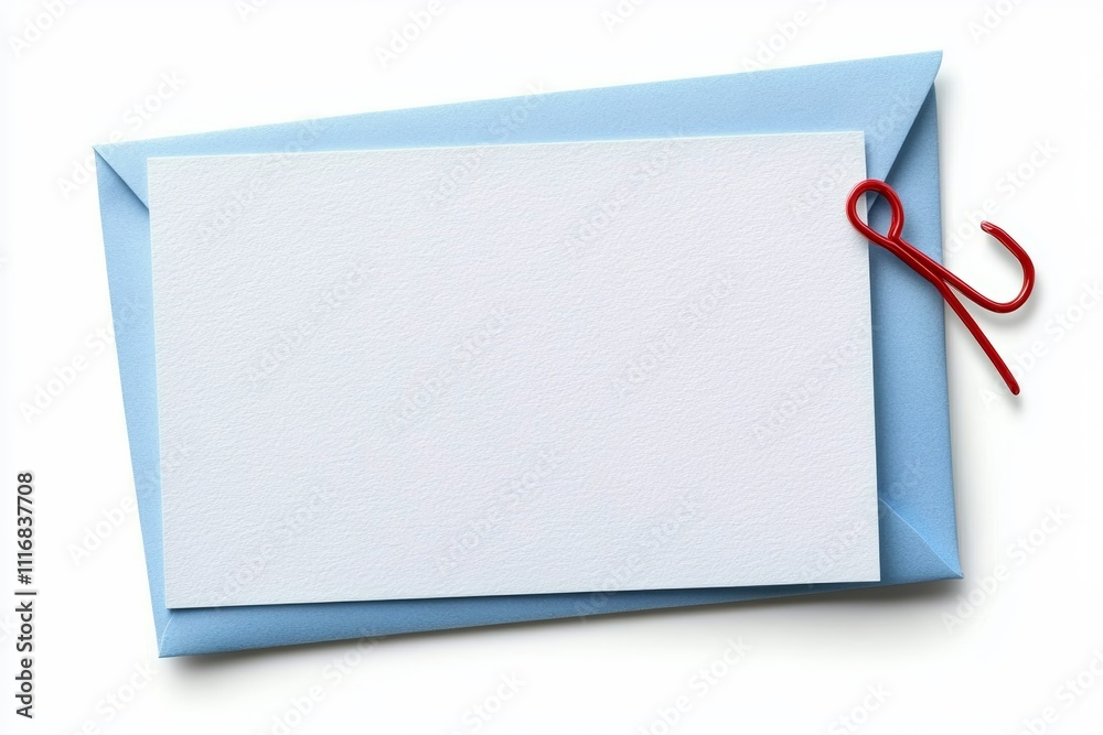 Blank Card with Red Paperclip on Blue Envelope Isolated on White ...