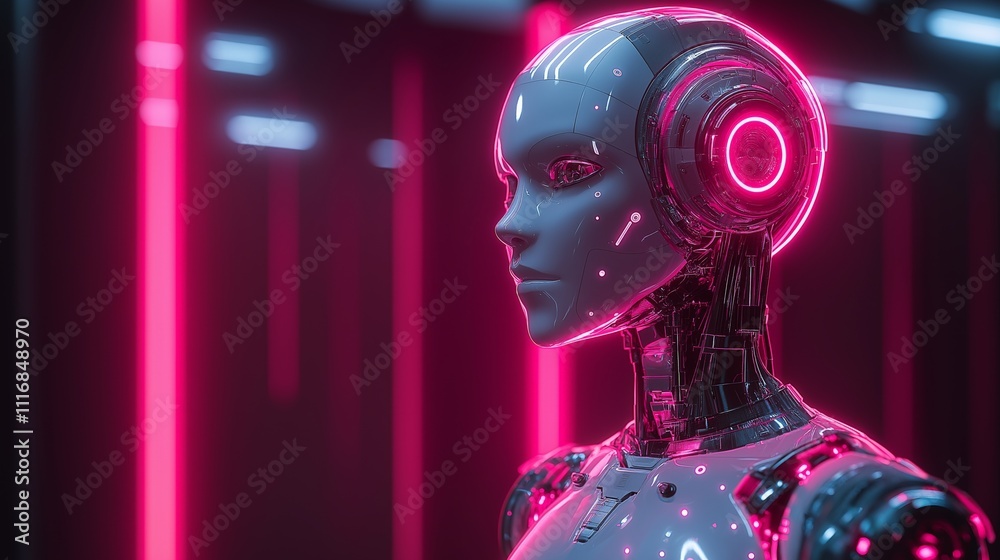 An AI humanoid robot stands in a futuristic space, representing ...