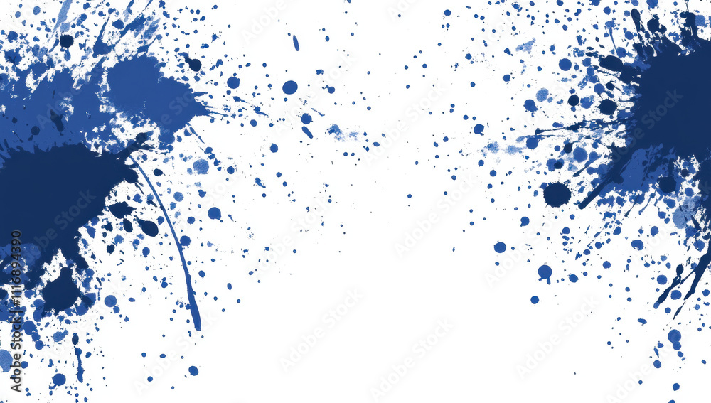Blue paint splatters create abstract and dynamic design on white ...
