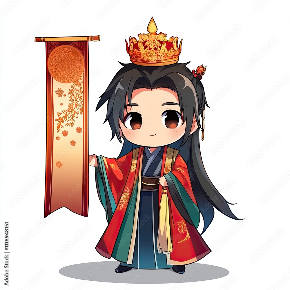 Adorable Anime Emperor with Crown and Scroll, Culturally Rich Design ...