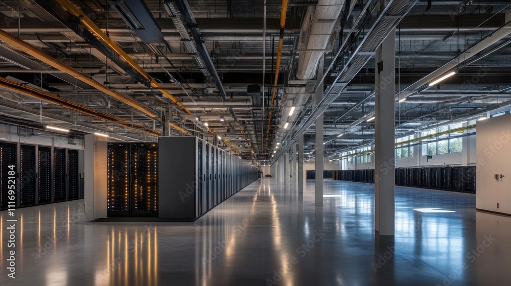 Modern data center interior with rows of server racks, polished floor ...