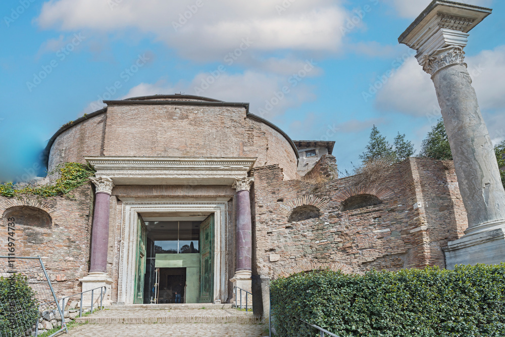 Temple of Romolus in the Roman Forum. The bronze door is original. In ...
