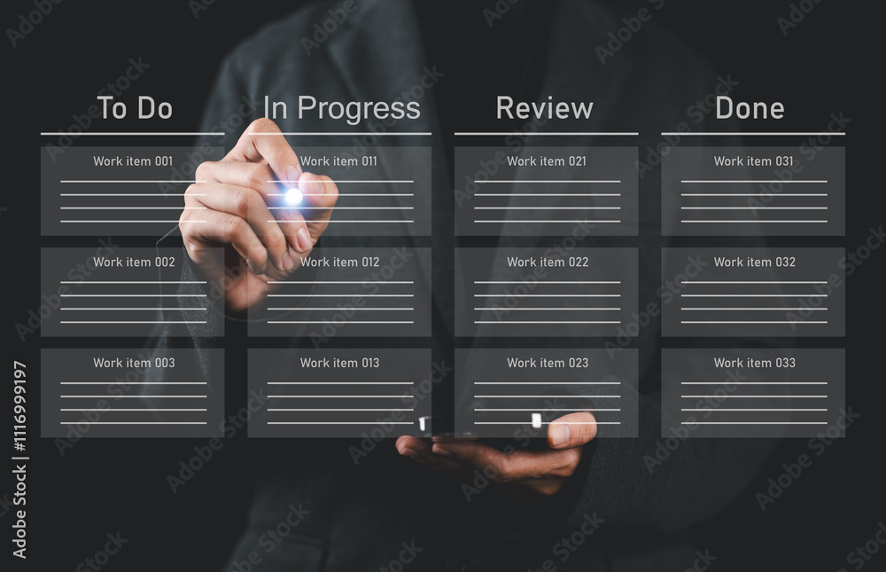 Developer touching virtual interface. Agile software development or project management using ...