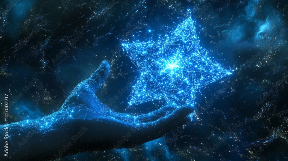 Ilustración de Stock polygon mesh hand gesture, radiant geometric star ...