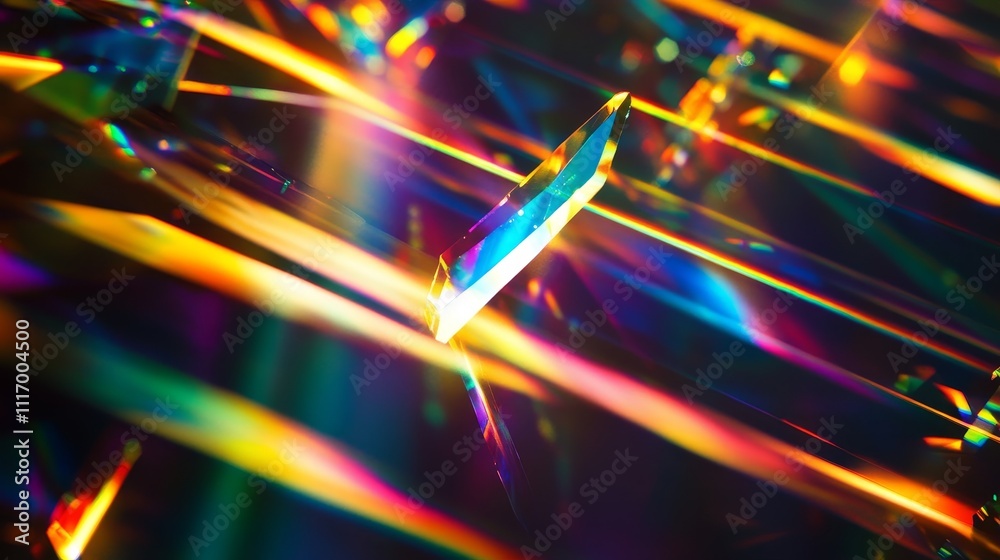 flowing rainbow light beams, crystalline prism scatter, subtle holographic textures, dispersed ...