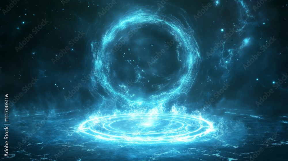 glowing energy portal sequence, neon blue vortex rings, floating light ...