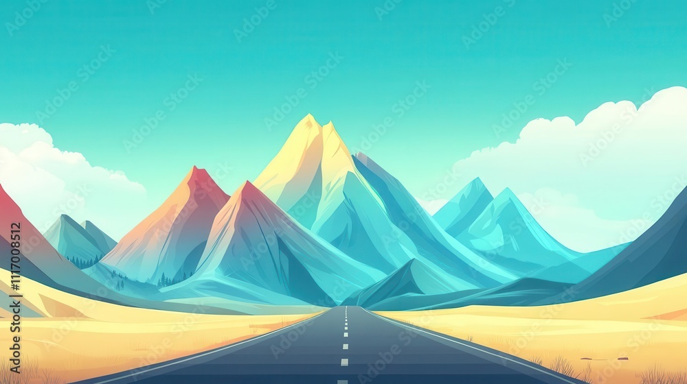 Cartoon flat mountain range with road, animated in triadic hues, bold ...