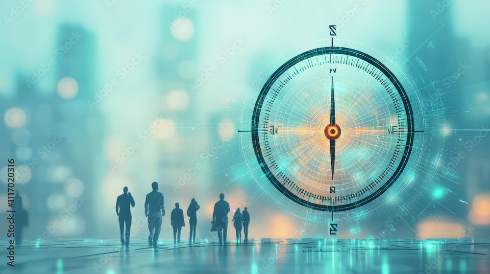 Team Leadership : A digital compass overlays a blurred cityscape with ...
