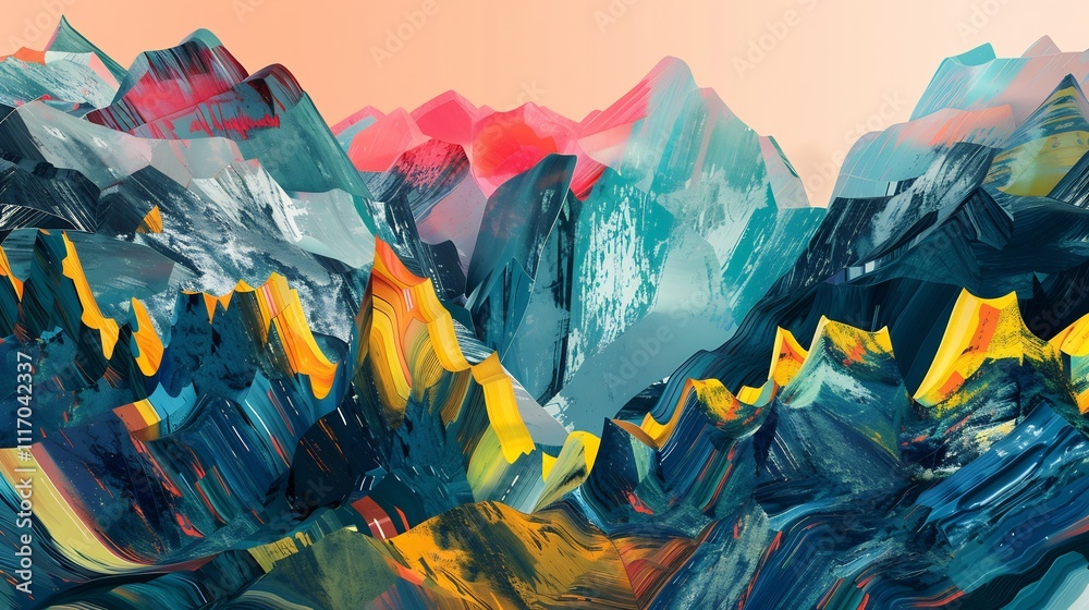 Abstract landscape with jagged peaks and valleys in a surreal color ...