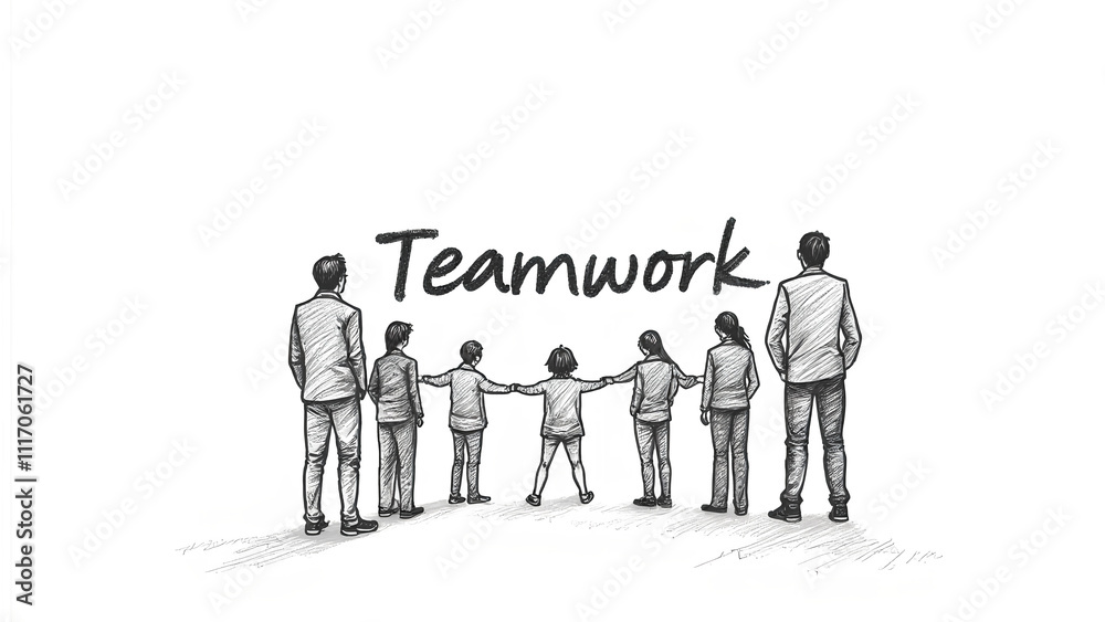 Hand-drawn sketch of a group of people standing together a team-work ...