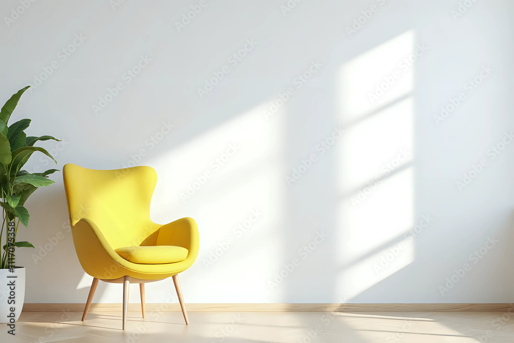 Living room interior wall mockup with yellow armchair and green plant ...