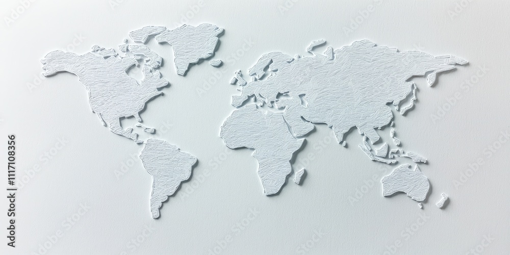 Elegant white map of the world showcasing continents with artistic ...