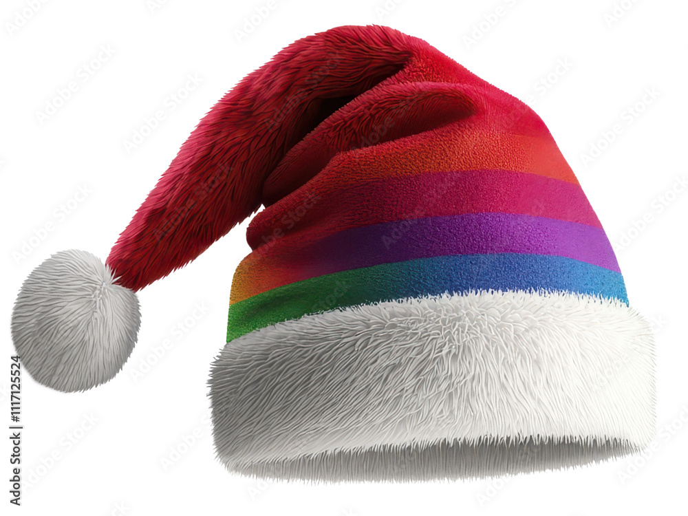 Rainbow striped Santa hat with fluffy white trim clipart on transparent ...
