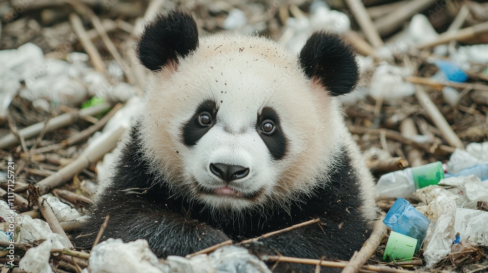 Animal pollution microplastics. Panda surrounded by litter in a ...