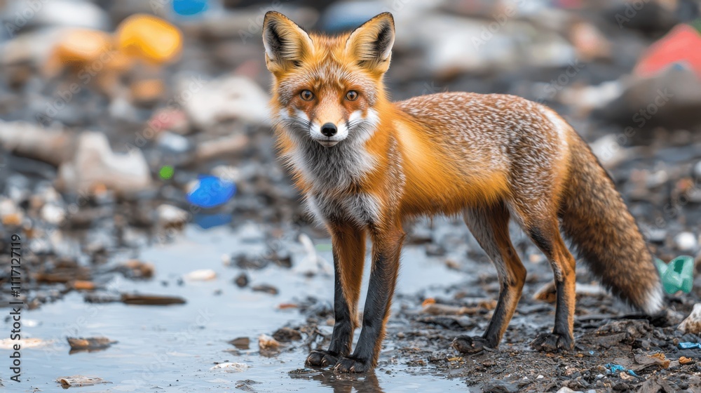Animal pollution microplastics. A fox stands in a polluted environment ...