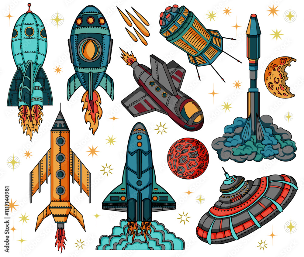 Hand drawn design set with colorful vector illustrations of retro ...