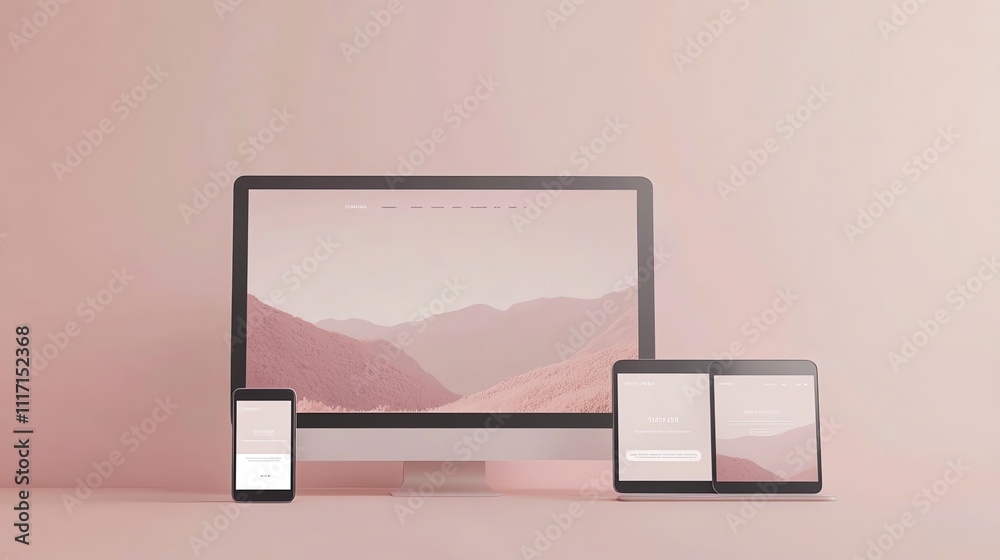 Responsive website landing page mockup displayed on a desktop, tablet, and smartphone with a ...