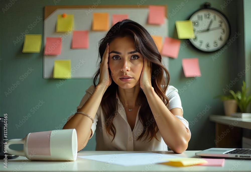 Woman surrounded by sticky notes looking overwhelmed in a chaotic ...
