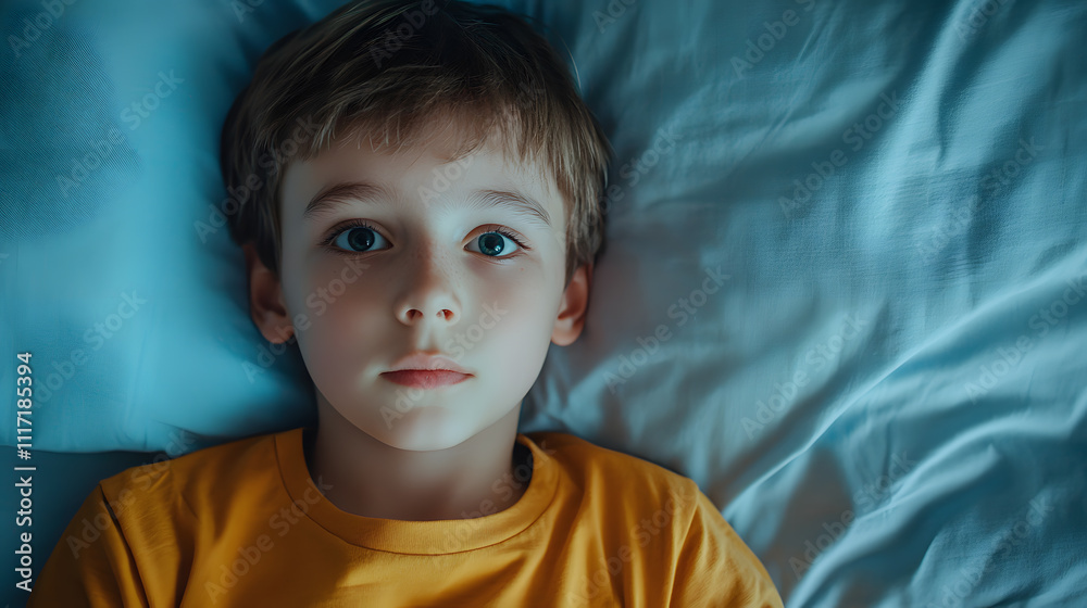 Vulnerable boy child kid, resting hospital bed top view, tender sick ...