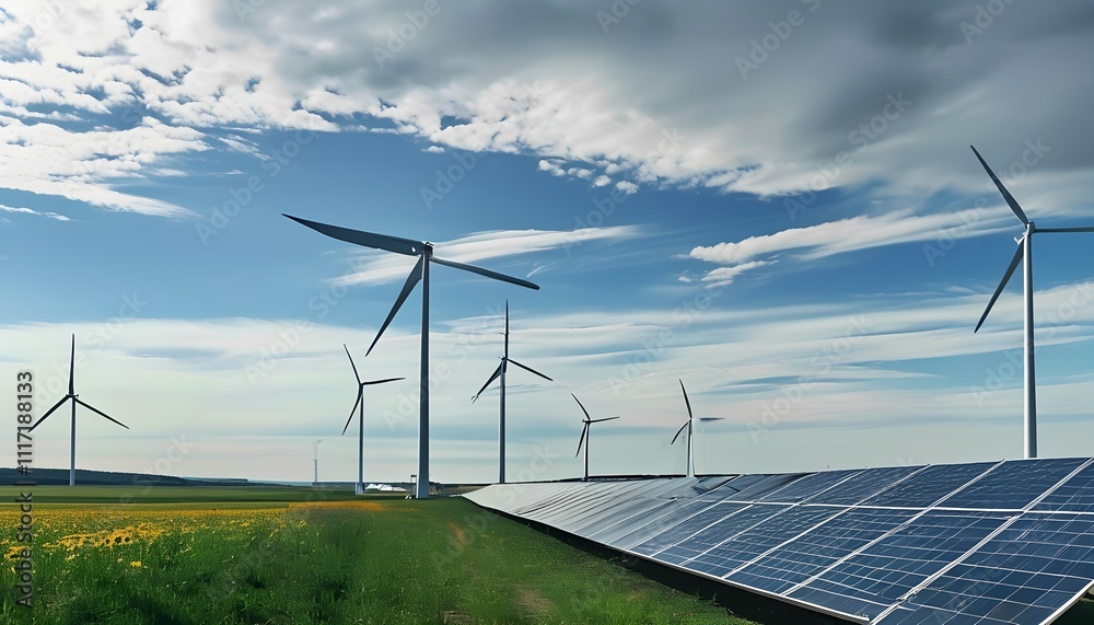 Renewable energy production wind and solar farms open field sustainable ...