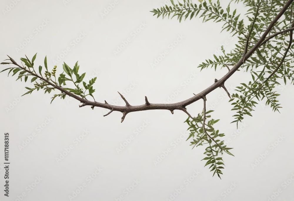 Acacia tree branch with long and sharp thorns against a plain white ...