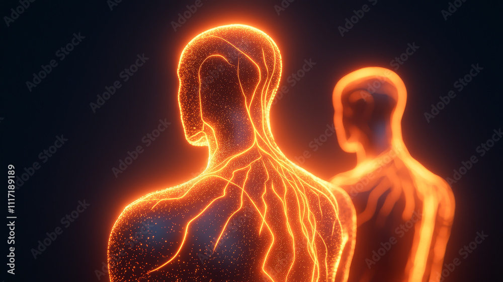 Stylized human figures with neon energy patterns represent vitality and ...