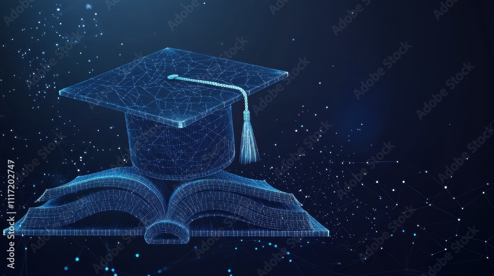 Digital graduation cap above open book virtual learning environment ...