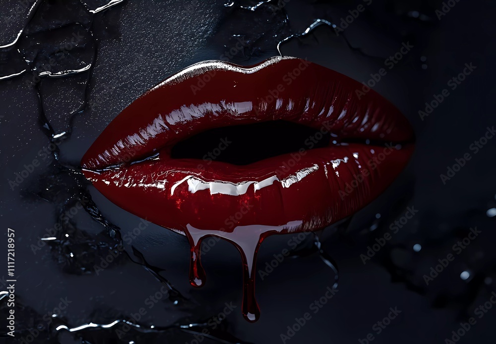 Beautiful female lips with red lipstick, against a silver and black ...