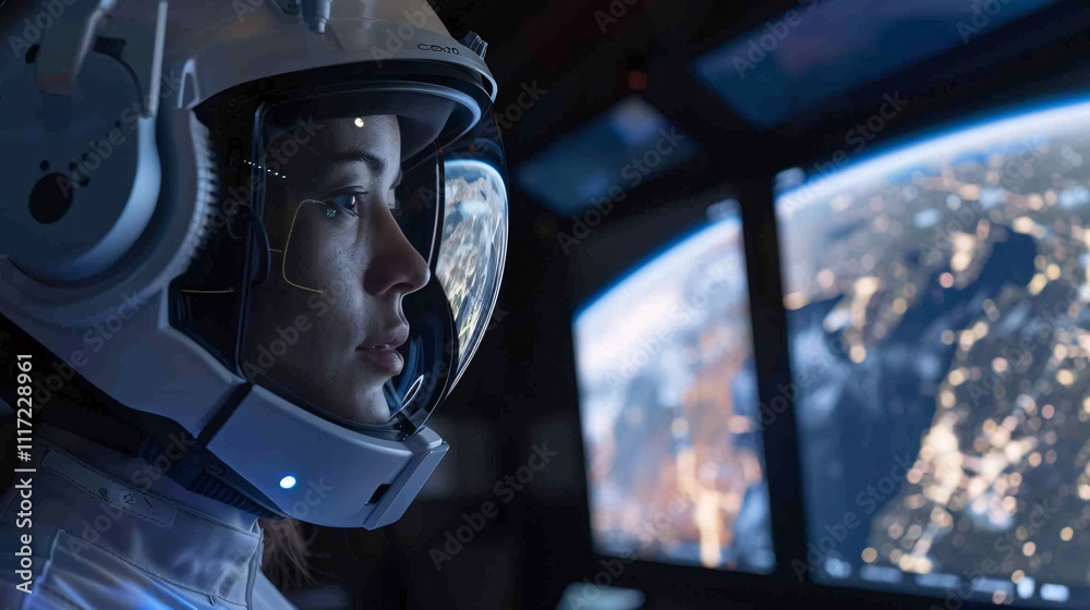 Astronaut wearing spacesuit sits inside spacecraft with Earth visible ...