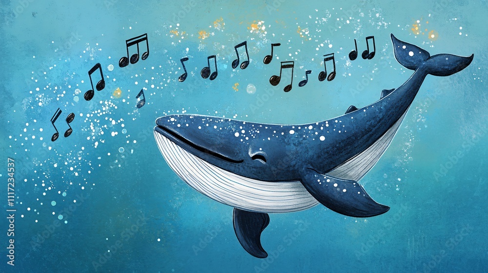 An illustrated whale spouting water shaped like musical notes, singing ...