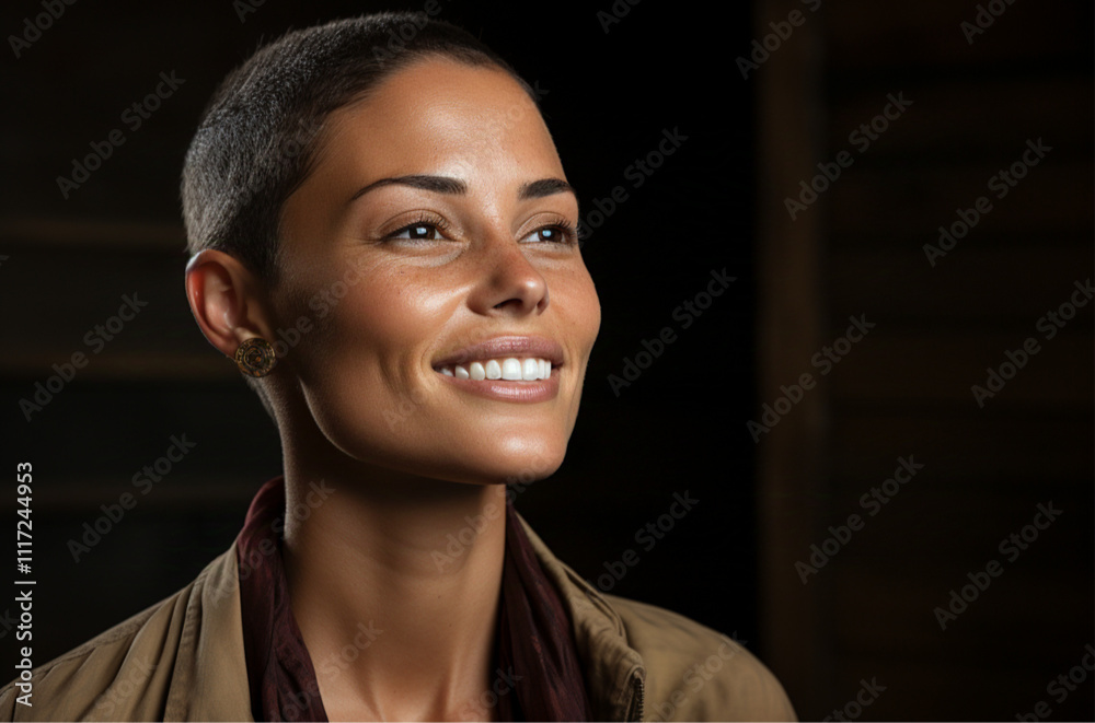 Portrait photograph of a serious woman with a shaved head and wrinkles ...