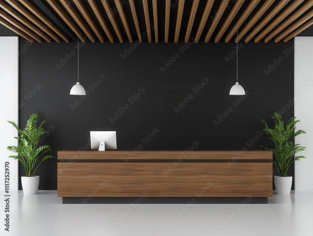 Minimal reception desk with dark wood finish, recessed lighting, and ...
