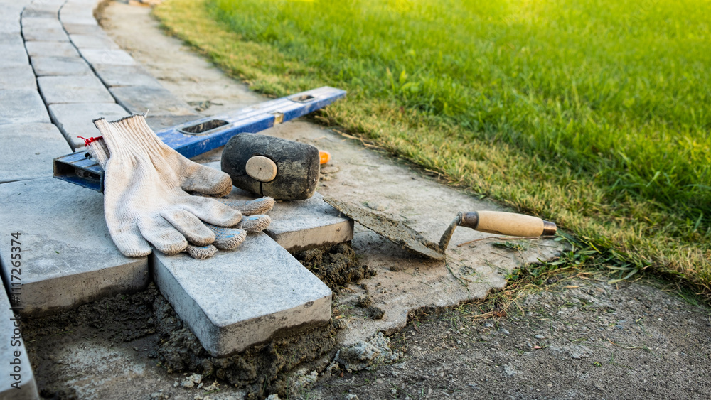 Laying paving stones on cement mortar. Laying a garden path made of ...